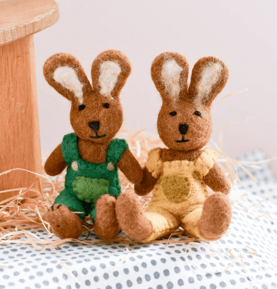 Felt Brown Hare Rabbit With Green Overalls Toy - The Curated Parcel